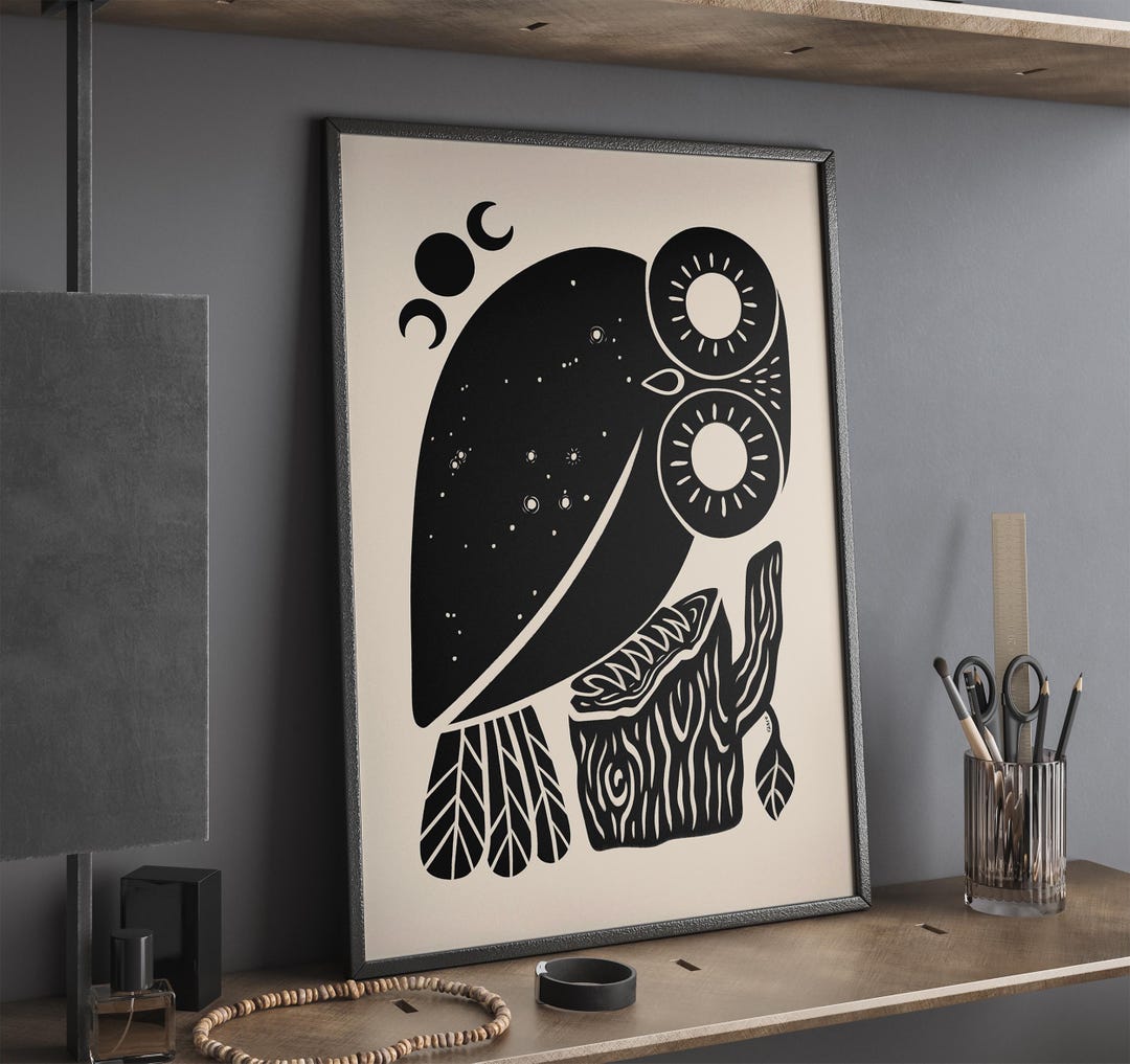 Abstract Owl of Athena Folk Art Print, Minimalist Pagan Moon Phases ...
