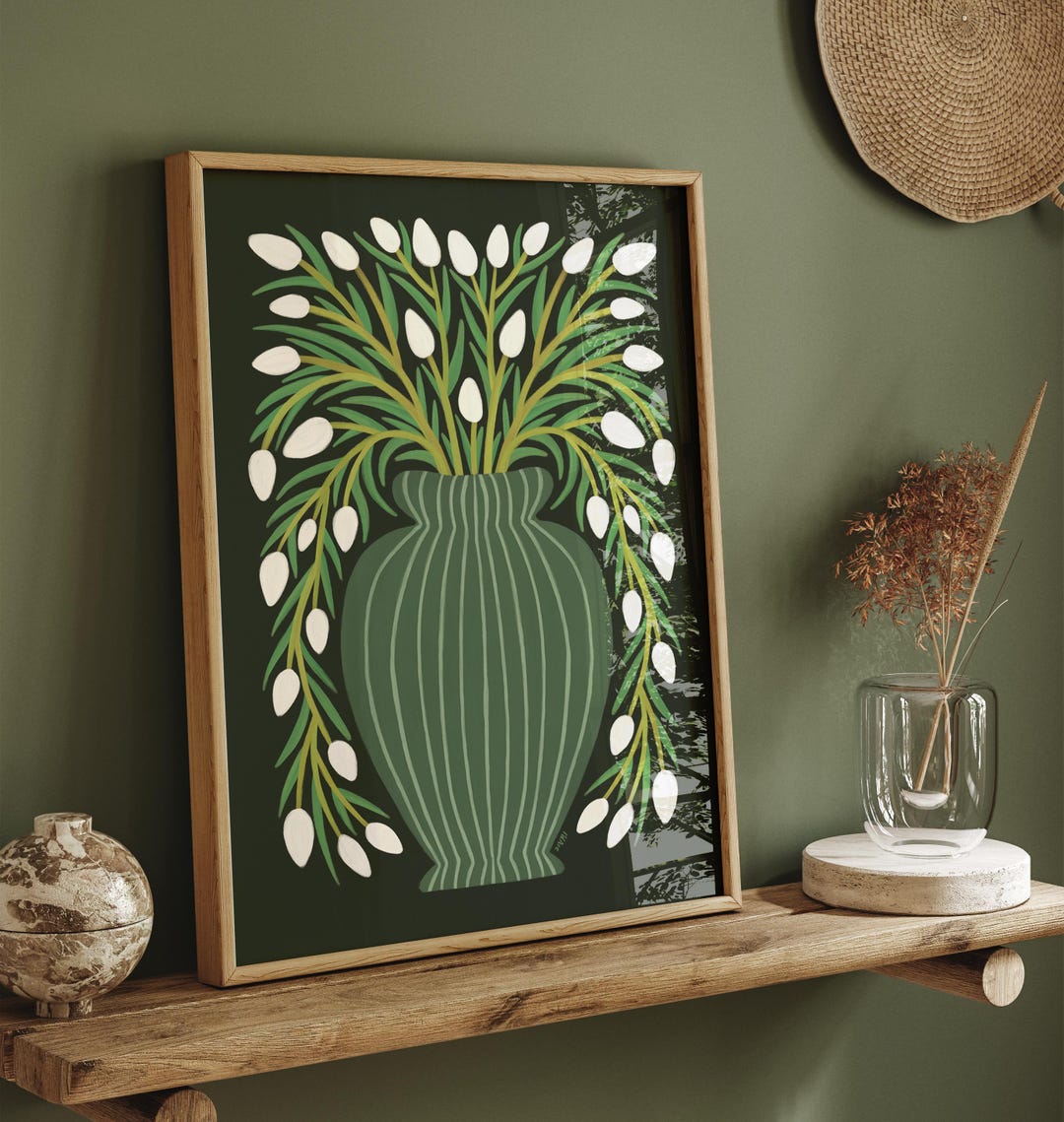 Vibrant Green & White Botanical Print, Flowers in Greek Vase Folk Art ...