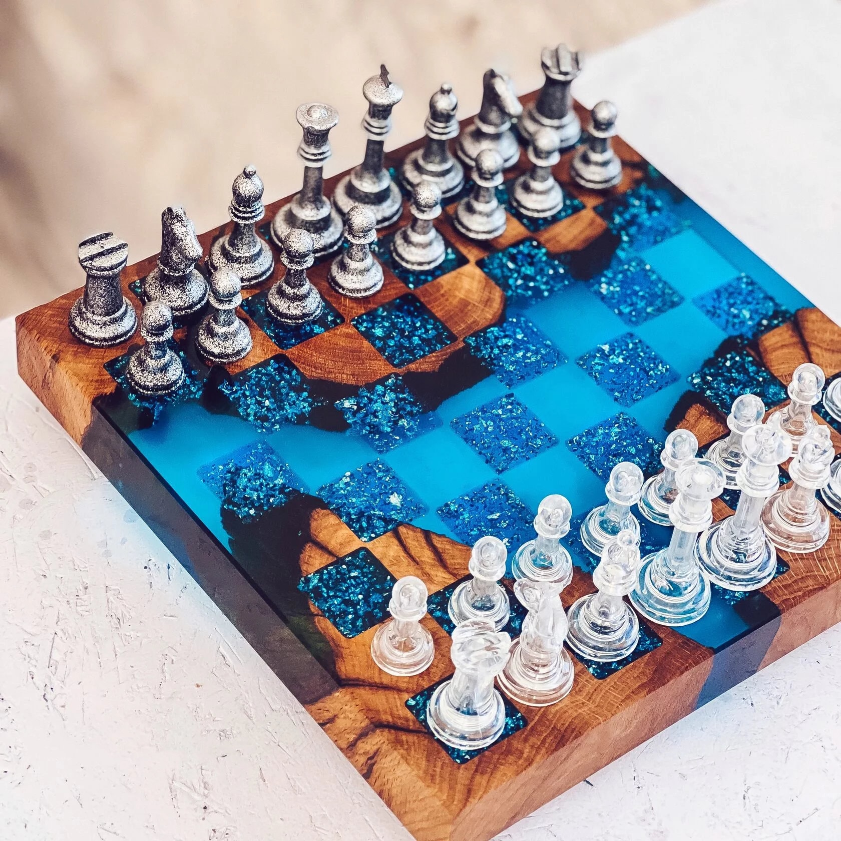 Handmade Small Chess Set Made of Wood and Epoxy Resin|blue Resin ...