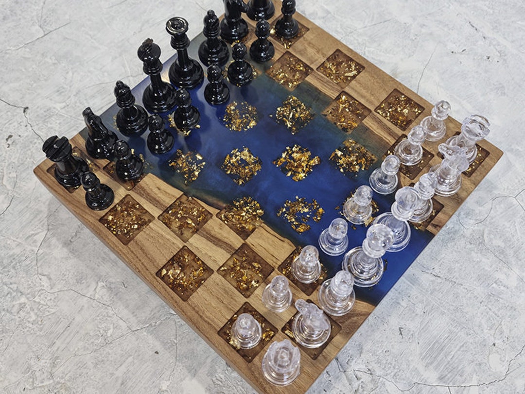 The Chessboard is Made of Elm and Sapphire Polymer With the Addition of Blue Mother-of-pearl ...