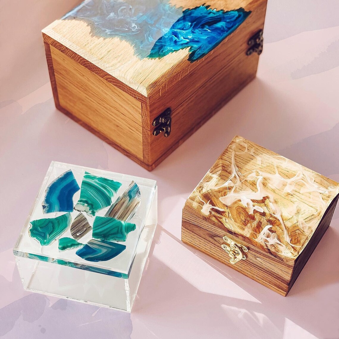 Handmade Large Wooden Jewelry Box With Epoxy Resin Oceal Blue Colorwood ...