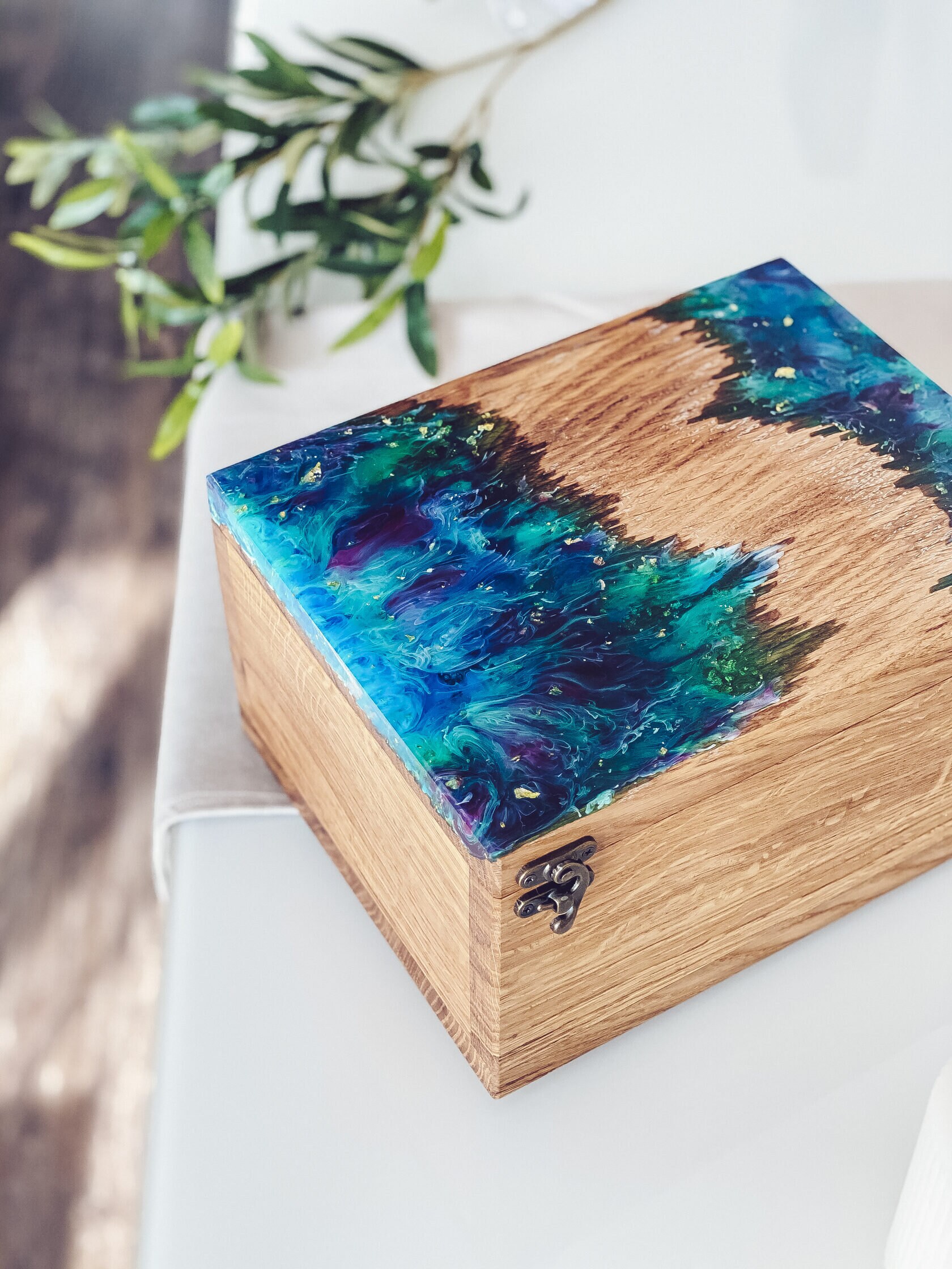 Handmade Large Wooden Jewelry Box With Epoxy Resin Oceal Blue Color ...