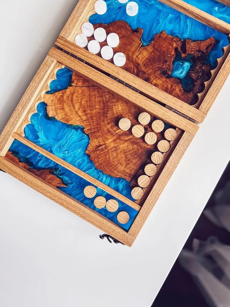 BACKGAMMON SET Made of Oak Root Wood and Blue Epoxy Resin|luxury ...
