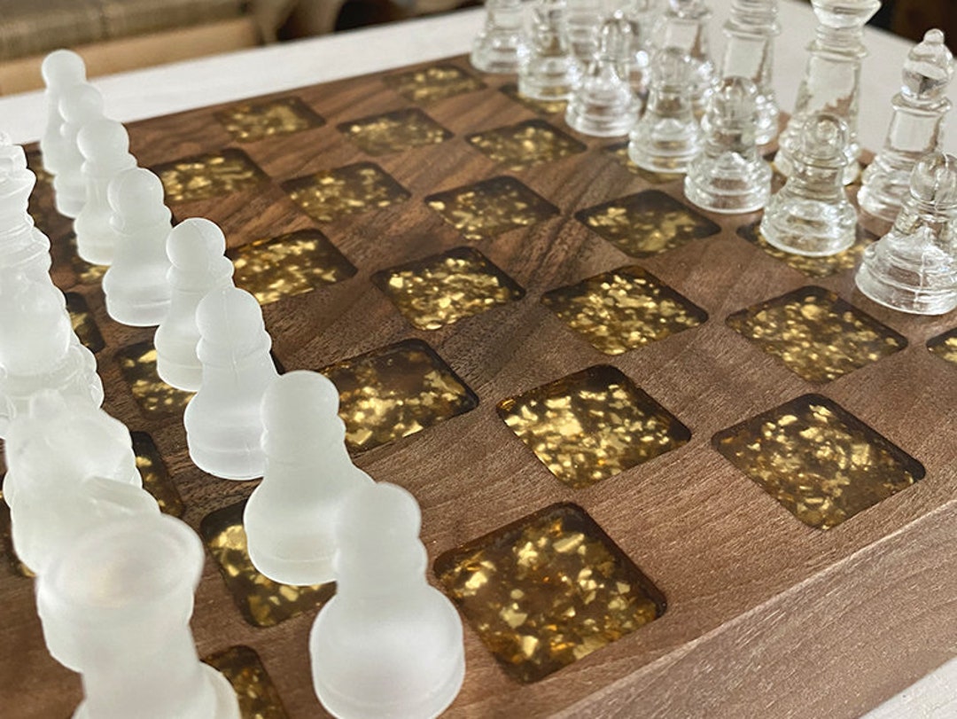 Handmade Black Walnut Chess Set: Epoxy Resin & Glass Pieces - Etsy
