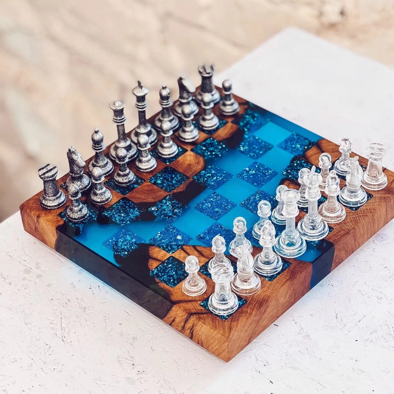 Handmade Small Chess Set Made of Wood and Epoxy Resin|blue Resin ...