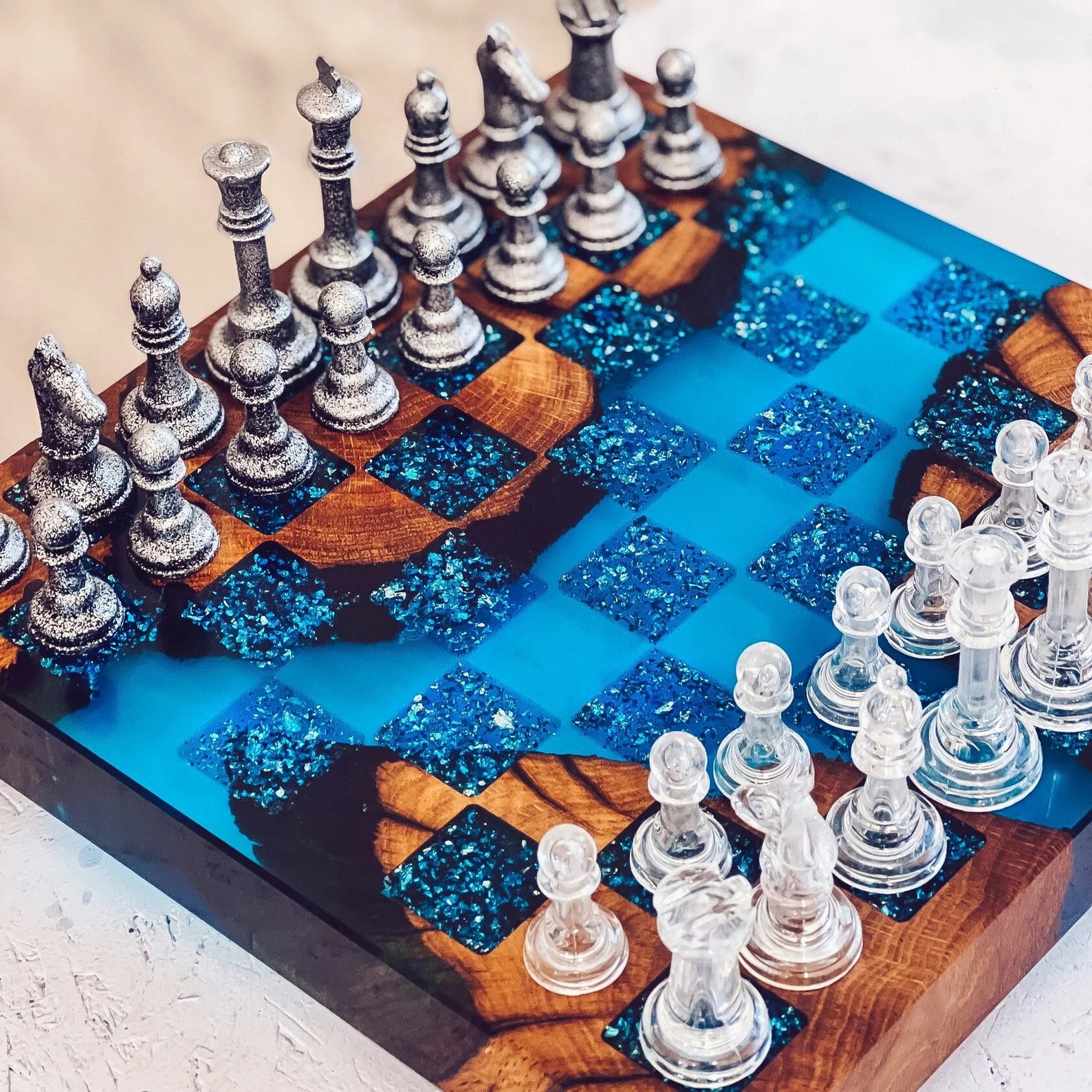 Handmade Small Chess Set Made of Wood and Epoxy Resin|blue Resin ...