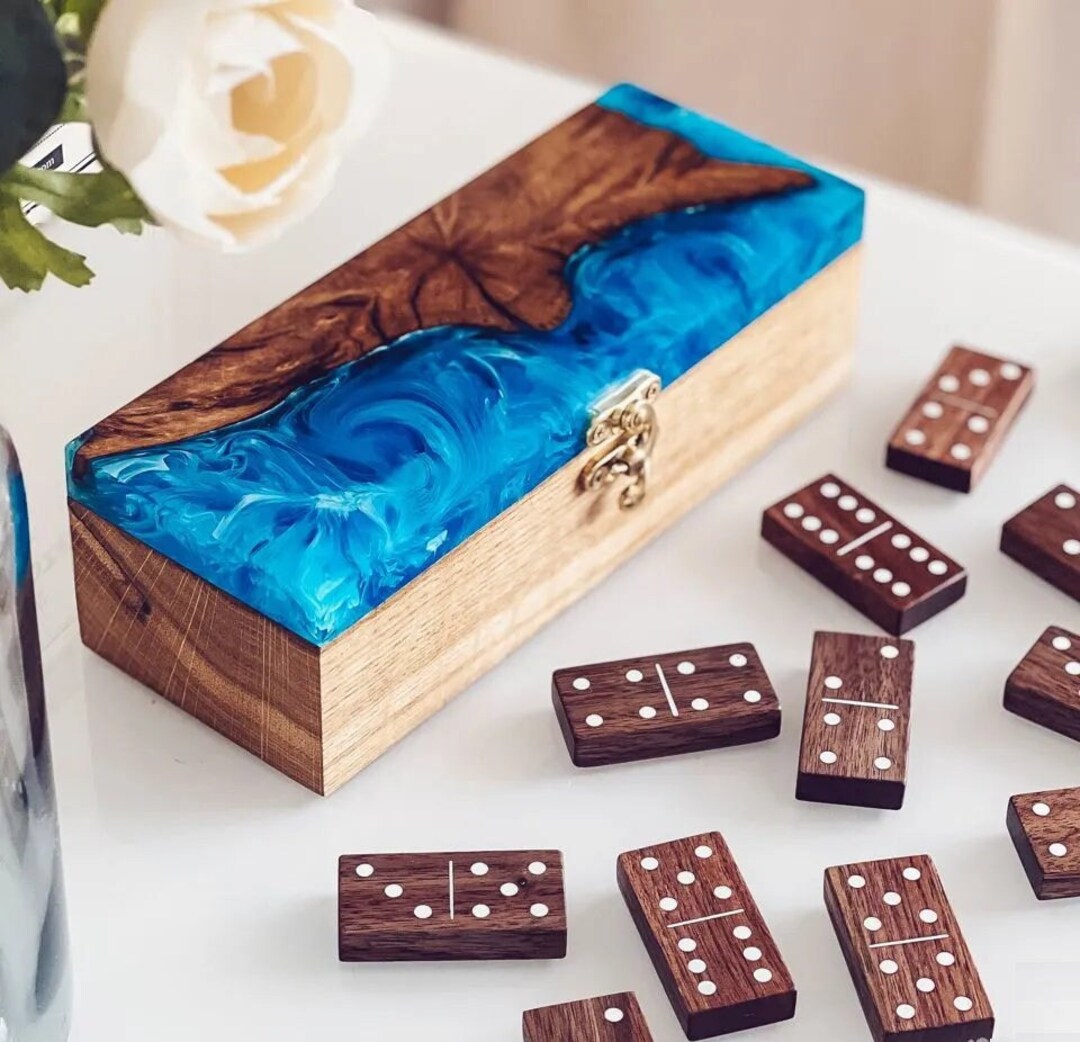 Handmade Walnut Wood Dominoes With Oak & Blue Resin Box - Etsy