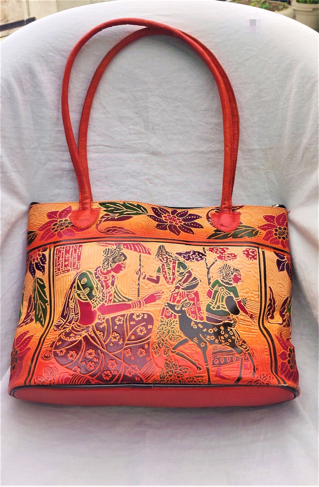 Traditional Genuine Leather Shantiniketan Design Batik Tote Handbag ...