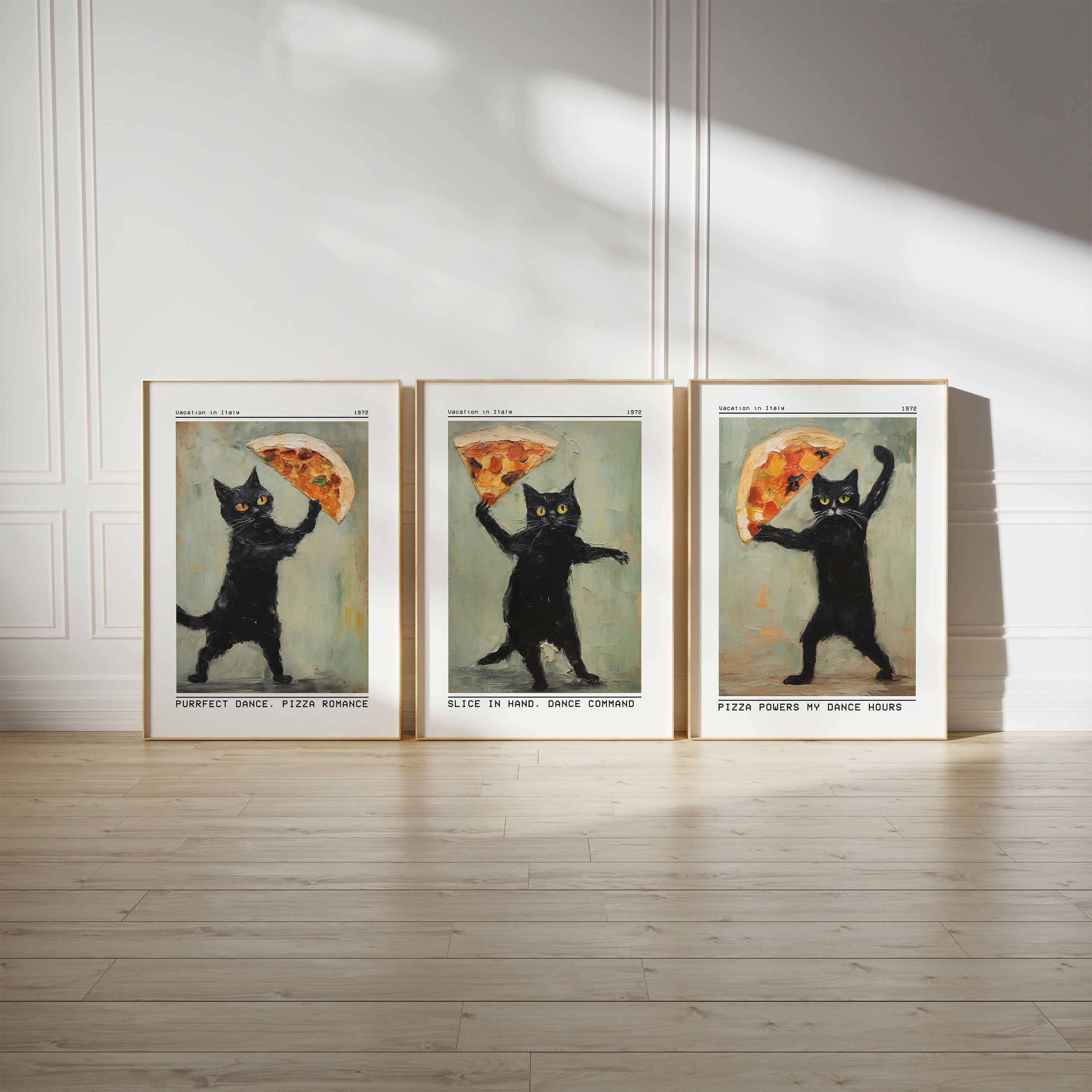 Cat Poster Set of 3, Dancing Cat Art, Funny Black Cat Poster, Cute Cat ...