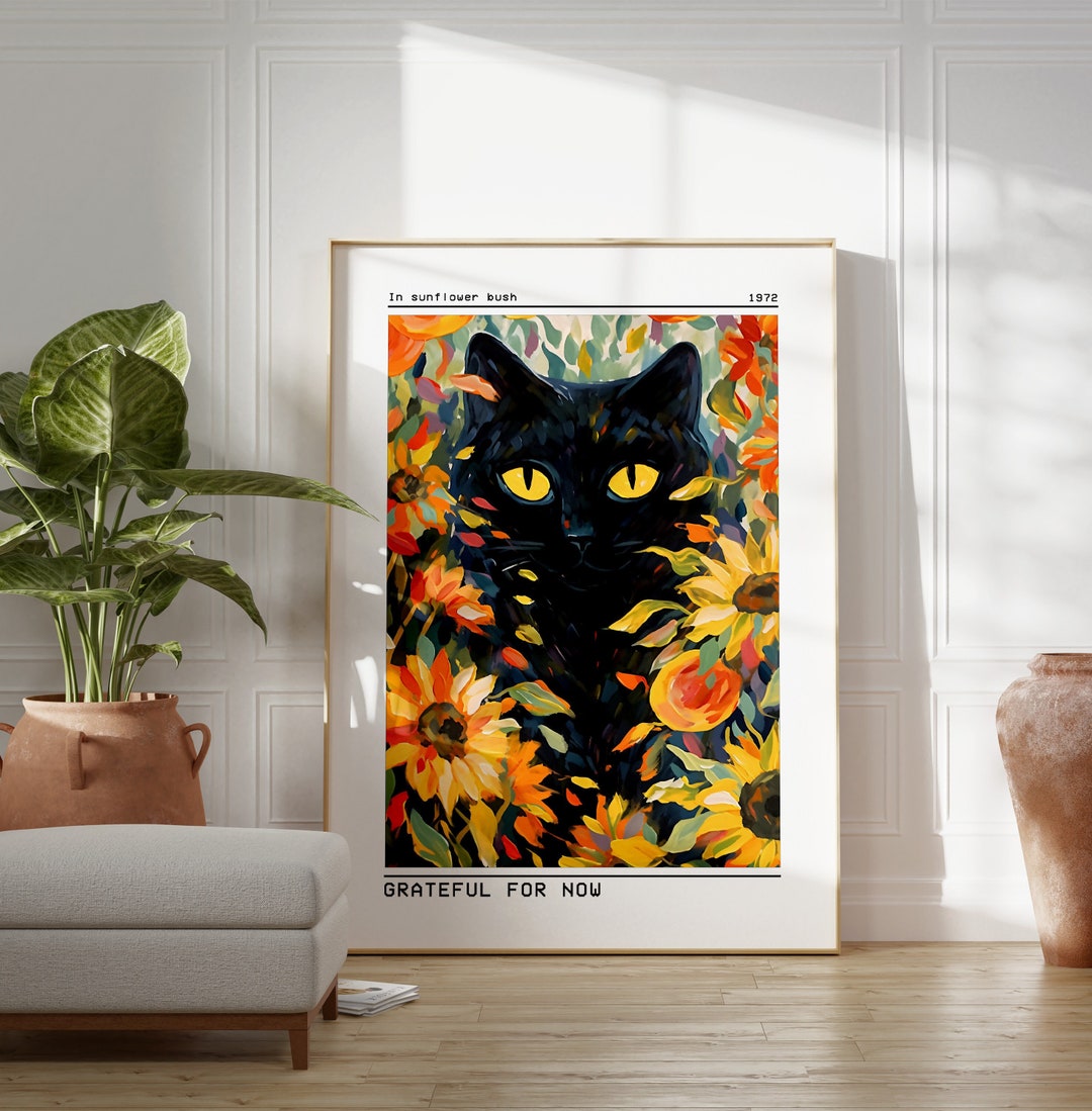 Positive Katze Malerei, Sonnenblume Katze Poster, Blumen Katze Print ...