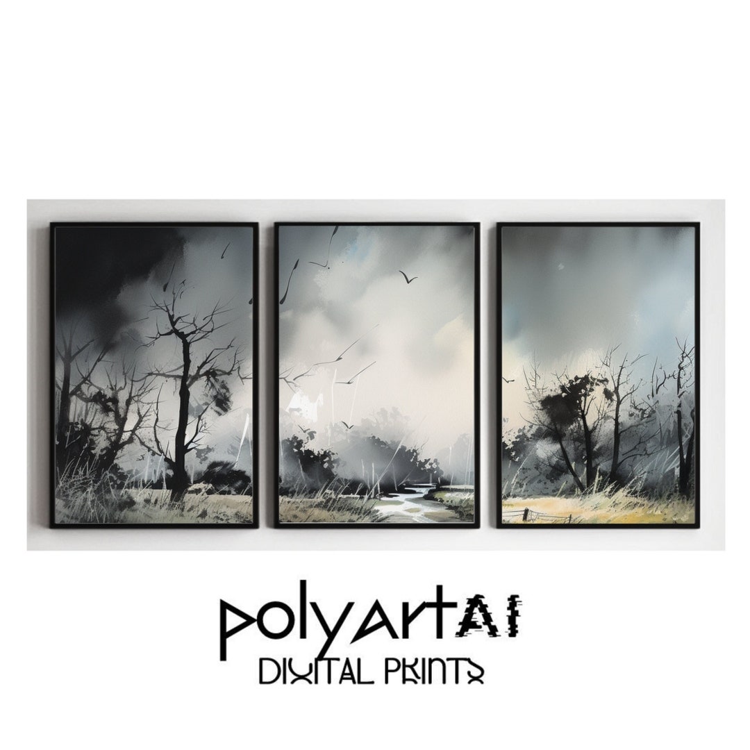 Triptych Watercolor Wall Art, 3 Piece Set Modern Dark Mysterious ...