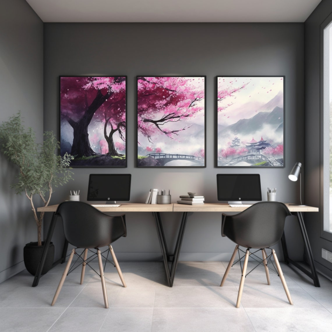 Triptych Watercolor Wall Art of Beautiful Sakura Trees, 3 Piece Set ...