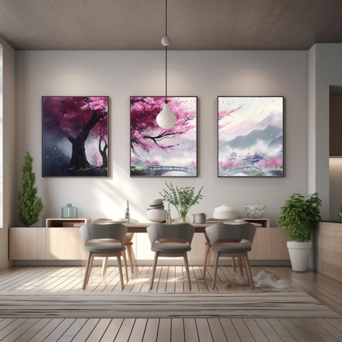 Triptych Watercolor Wall Art of Beautiful Sakura Trees, 3 Piece Set ...