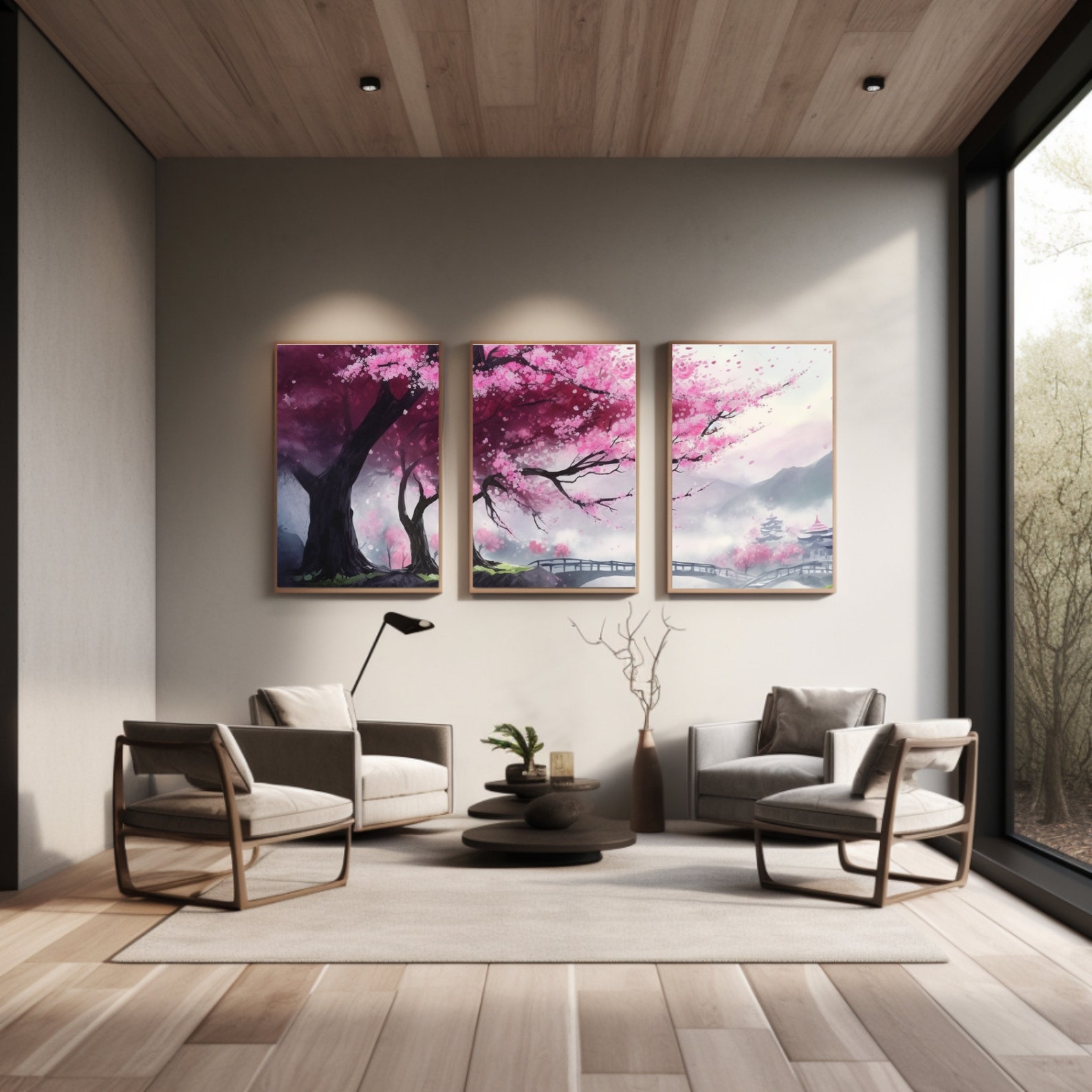 Triptych Watercolor Wall Art of Beautiful Sakura Trees, 3 Piece Set ...