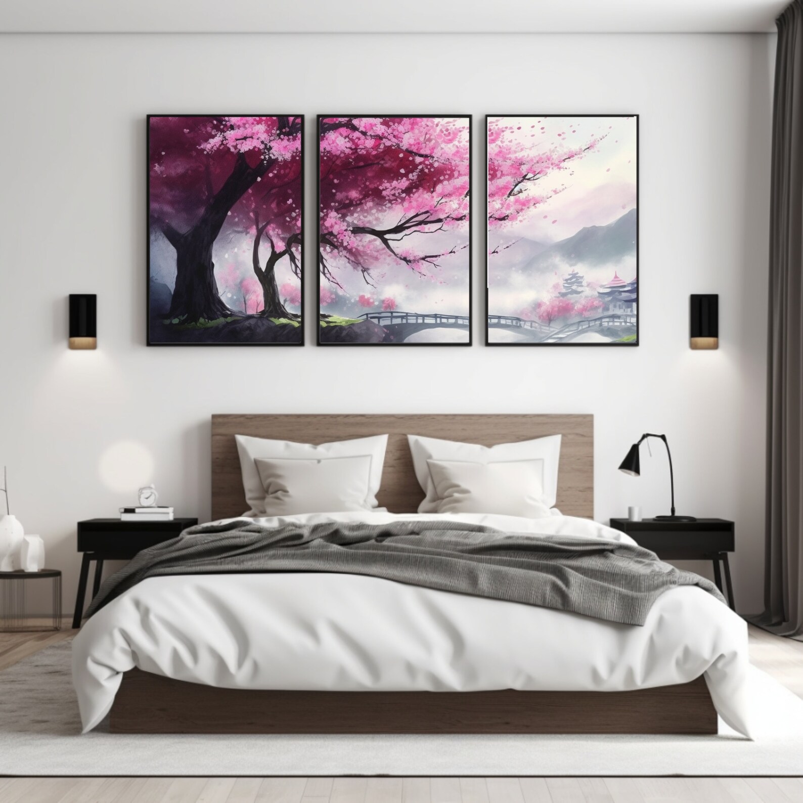 Triptych Watercolor Wall Art of Beautiful Sakura Trees, 3 Piece Set ...
