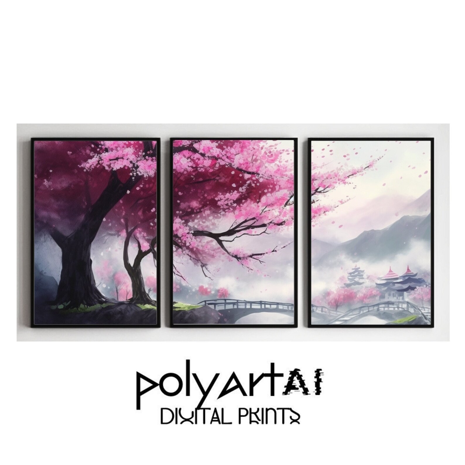 Triptych Watercolor Wall Art of Beautiful Sakura Trees, 3 Piece Set ...