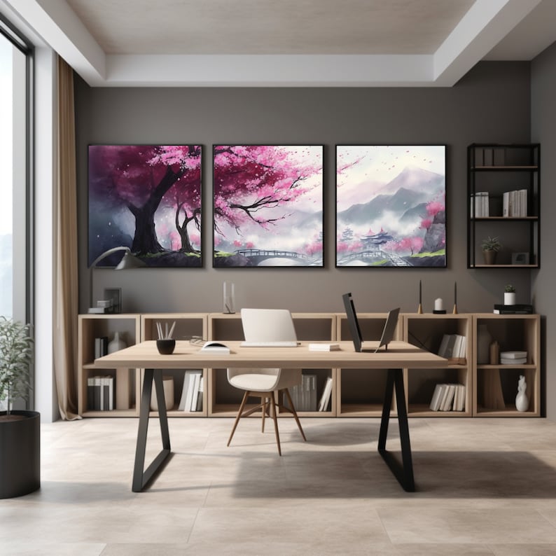 Triptych Watercolor Wall Art of Beautiful Sakura Trees, 3 Piece Set ...