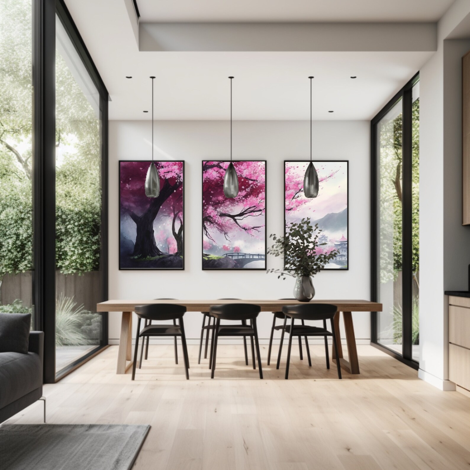 Triptych Watercolor Wall Art of Beautiful Sakura Trees, 3 Piece Set ...