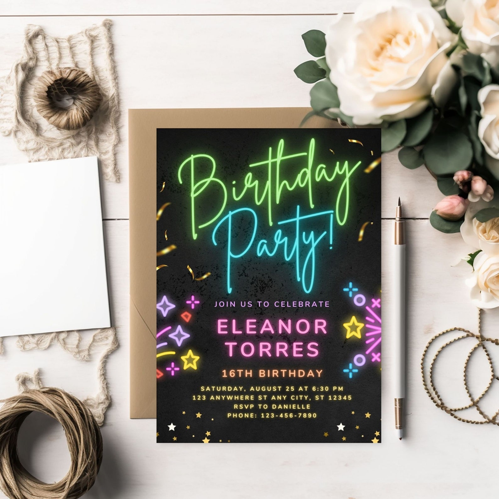 Editable Neon Themed Birthday Party Invitation Card Digital Download - Etsy