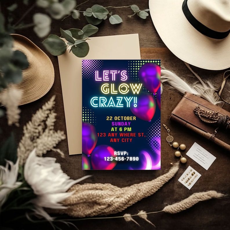 Editable Neon Themed Party Invitation Card Digital Download - Etsy ...