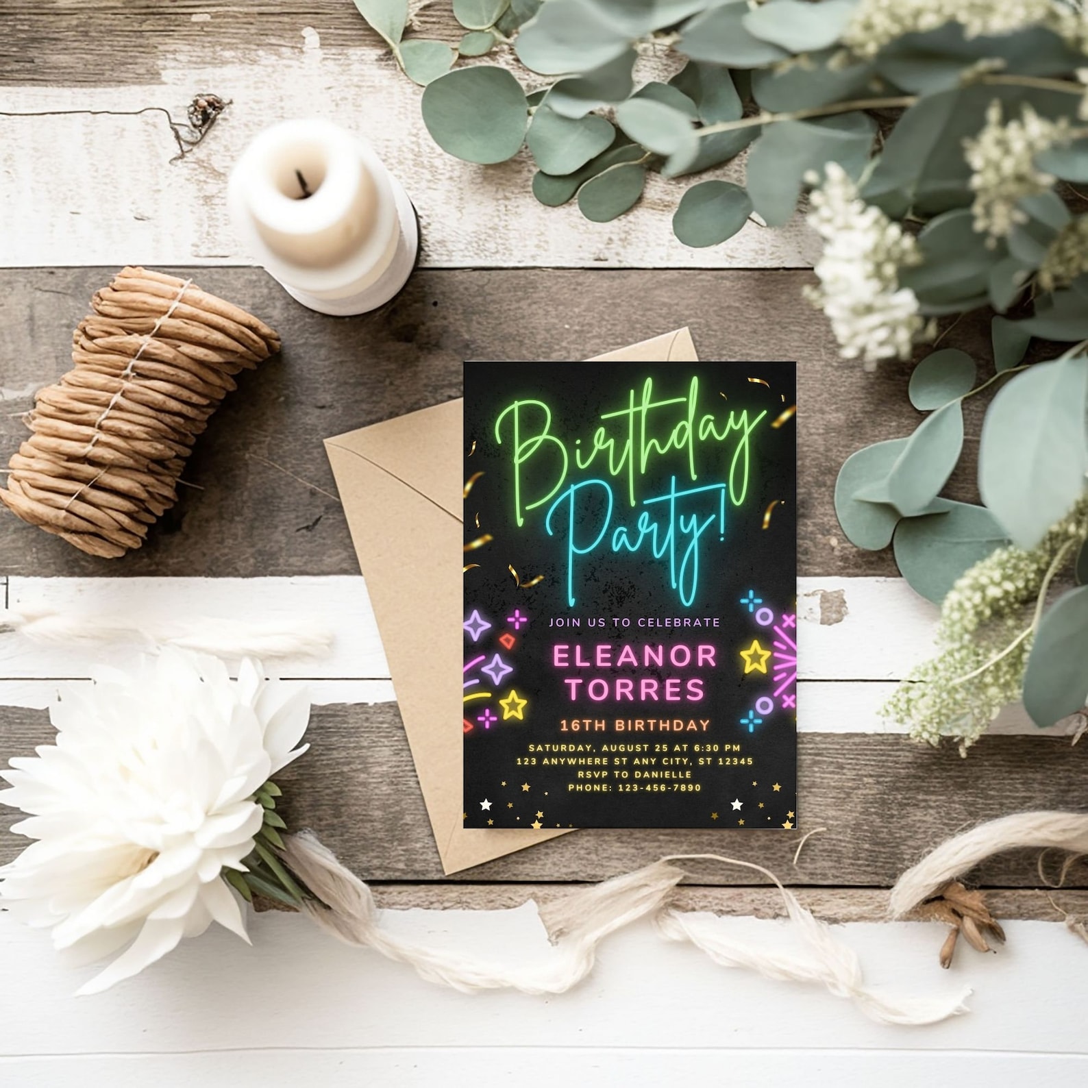 Editable Neon Themed Birthday Party Invitation Card Digital - Etsy