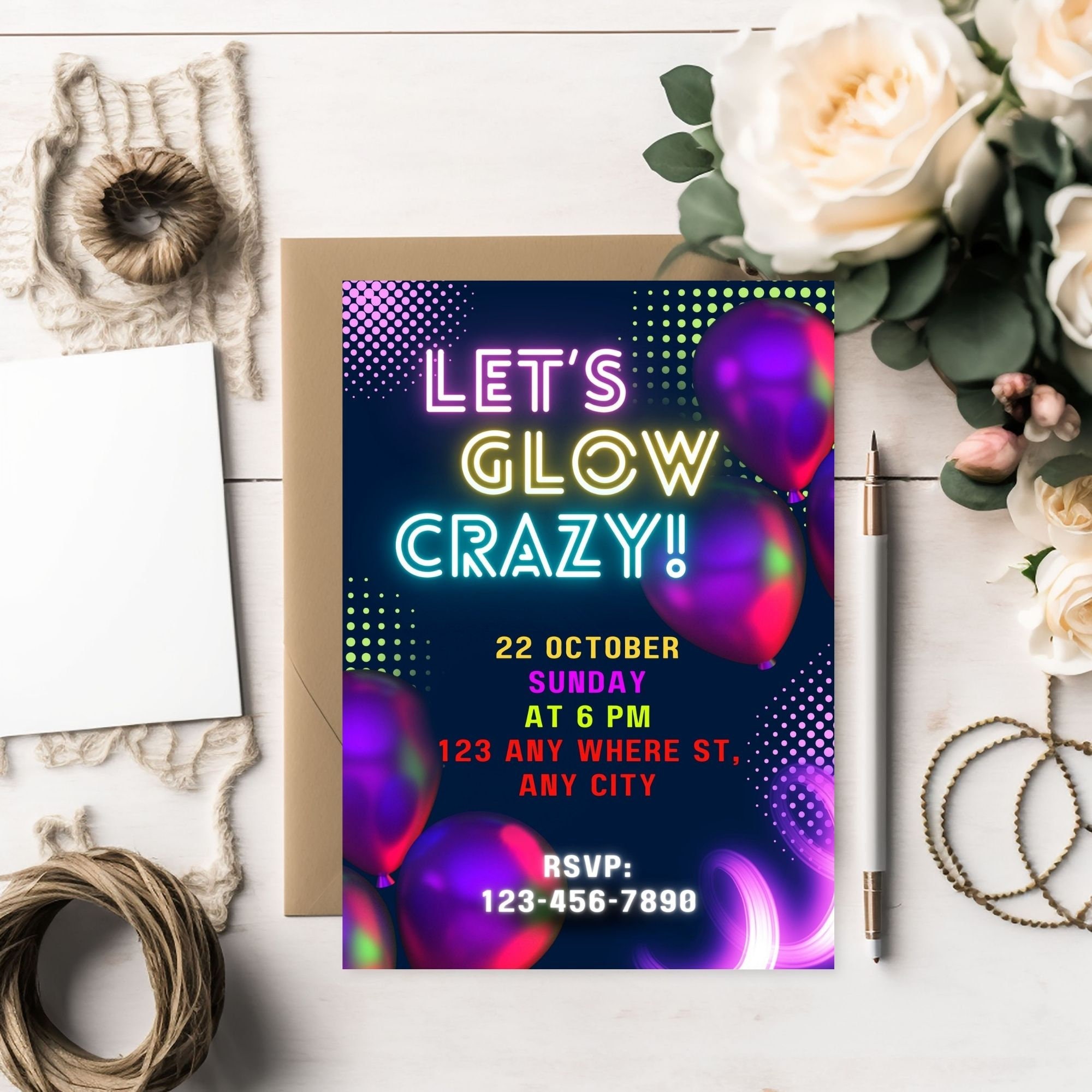 Editable Neon Themed Party Invitation Card Digital Download - Etsy