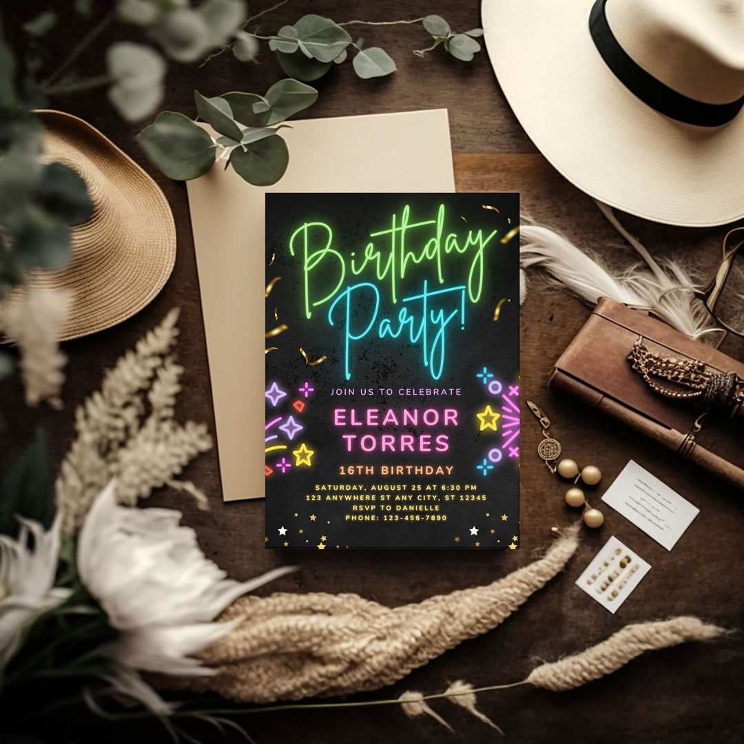 Editable Neon Themed Birthday Party Invitation Card Digital Download - Etsy