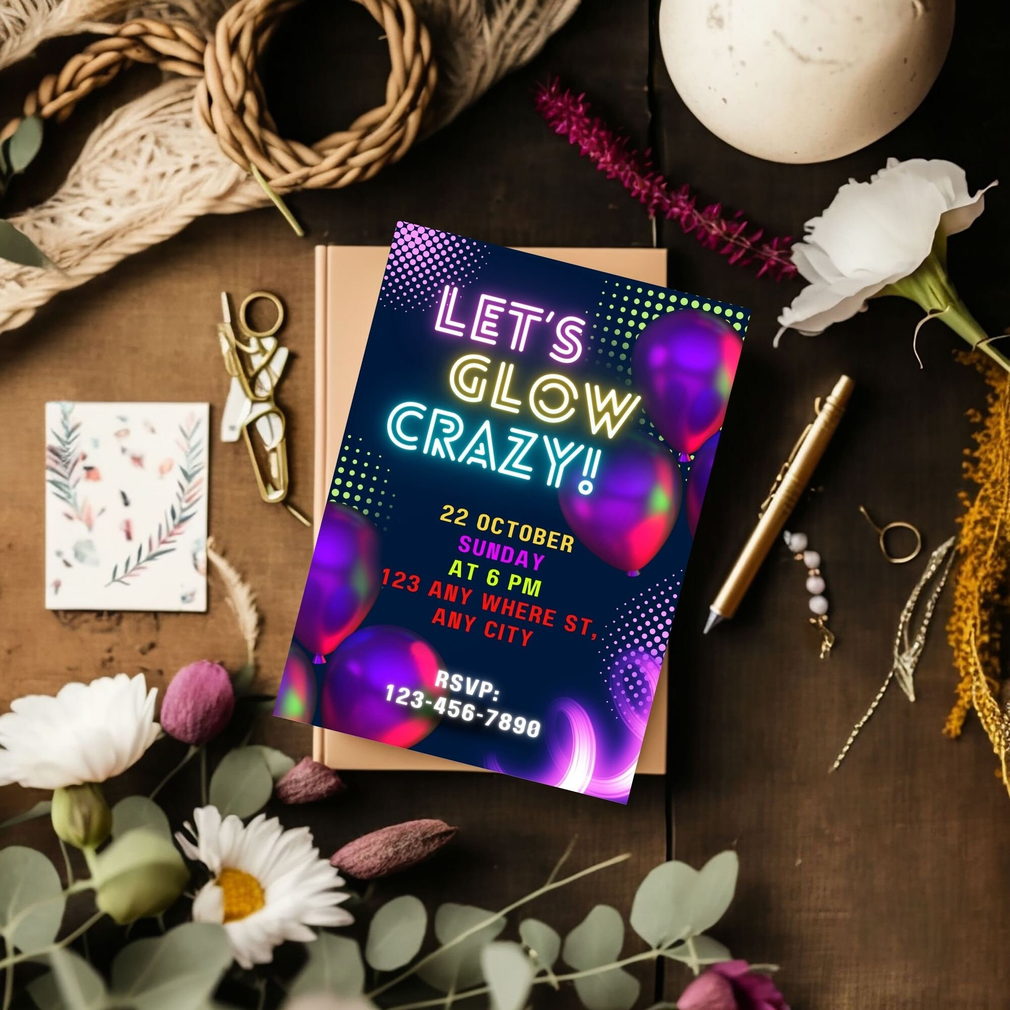 Editable Neon Themed Party Invitation Card Digital Download - Etsy ...