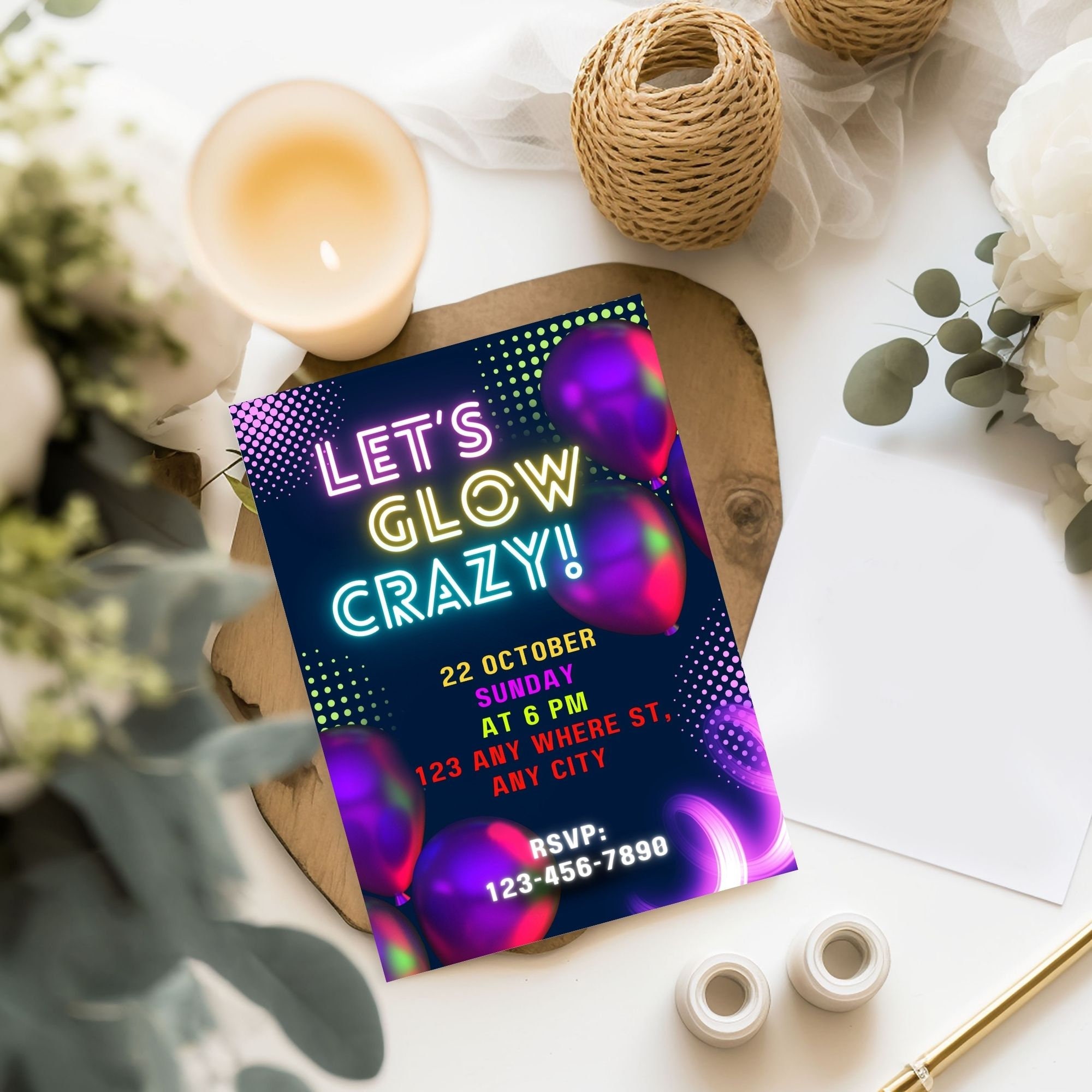 Editable Neon Themed Party Invitation Card Digital Download - Etsy