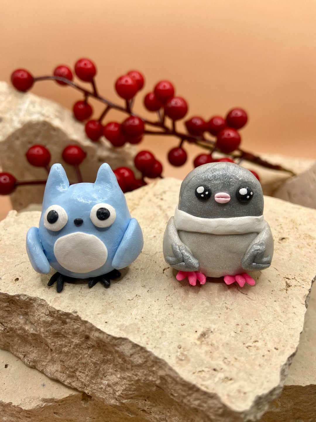 Pigeon & Owl Handmade Miniature Figurine Polymer Clay Sculpture Desk ...