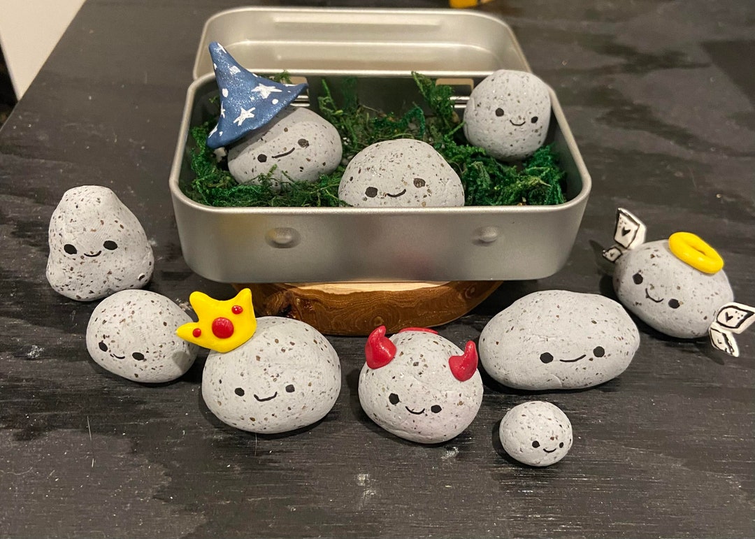 Handmade Rock Pal in a Tin With Moss Polymer Clay Rock Friend Desk Pet ...
