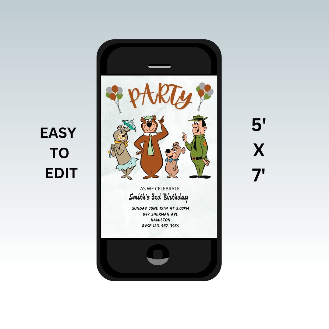 Yogi Bear and Cindy Birthday Invitation, Yogi Bear and Friends, Digital ...