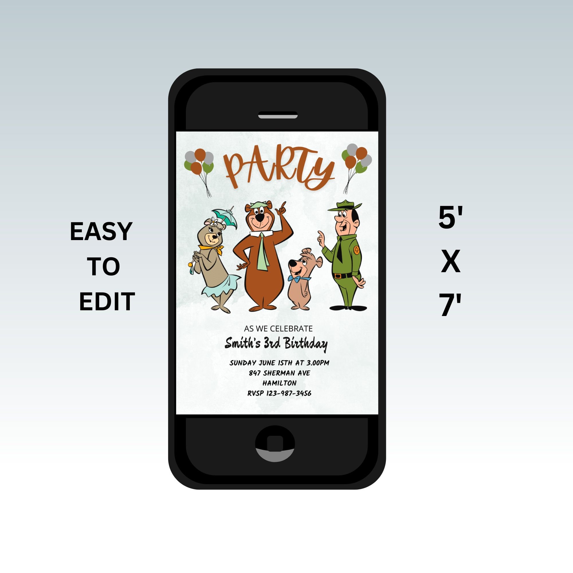 Yogi Bear and Cindy Birthday Invitation, Yogi Bear and Friends, Digital ...