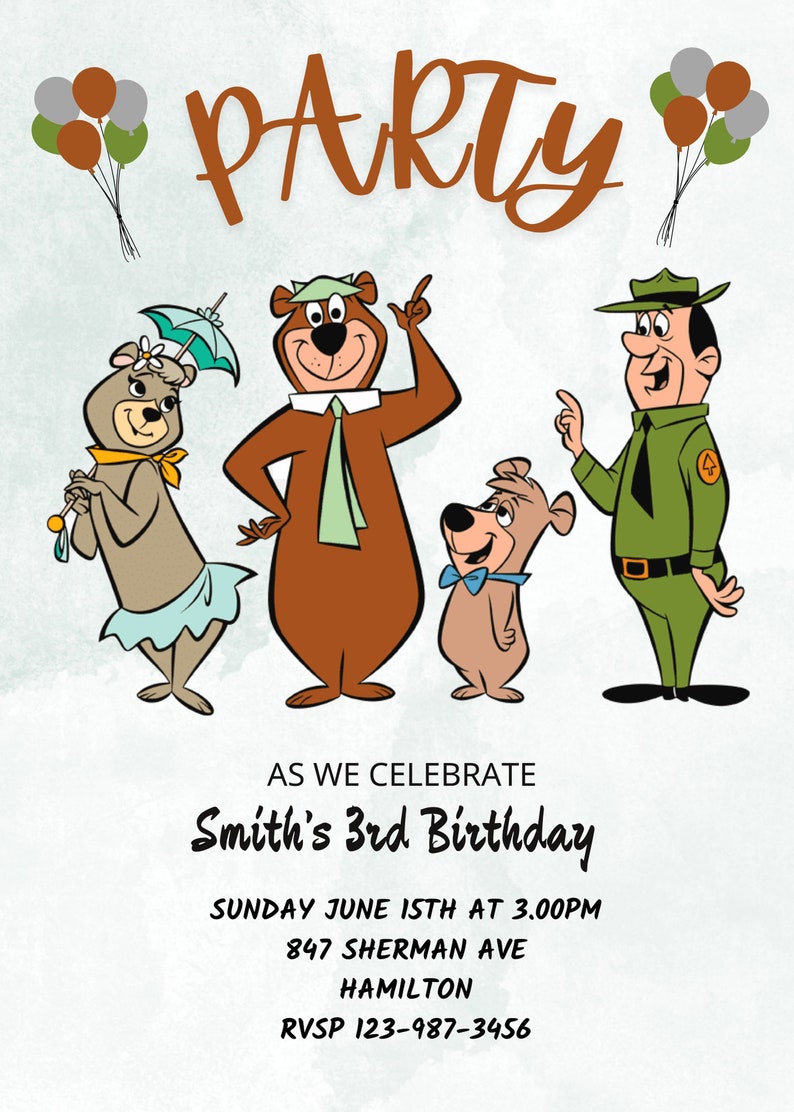 Yogi Bear and Cindy Birthday Invitation, Yogi Bear and Friends, Digital ...
