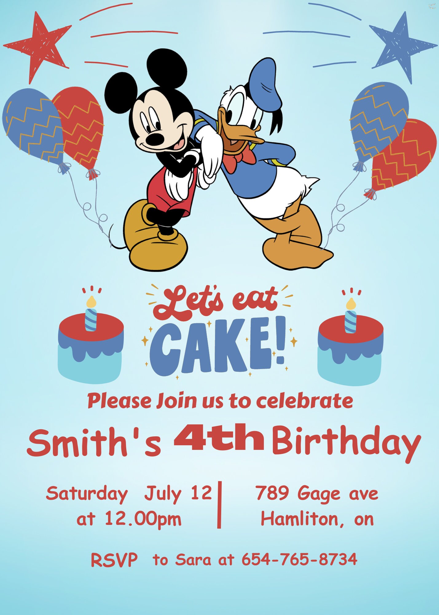 Micky and Donald Duck Birthday Invite, Let's Eat Cake, Kids Birthday ...