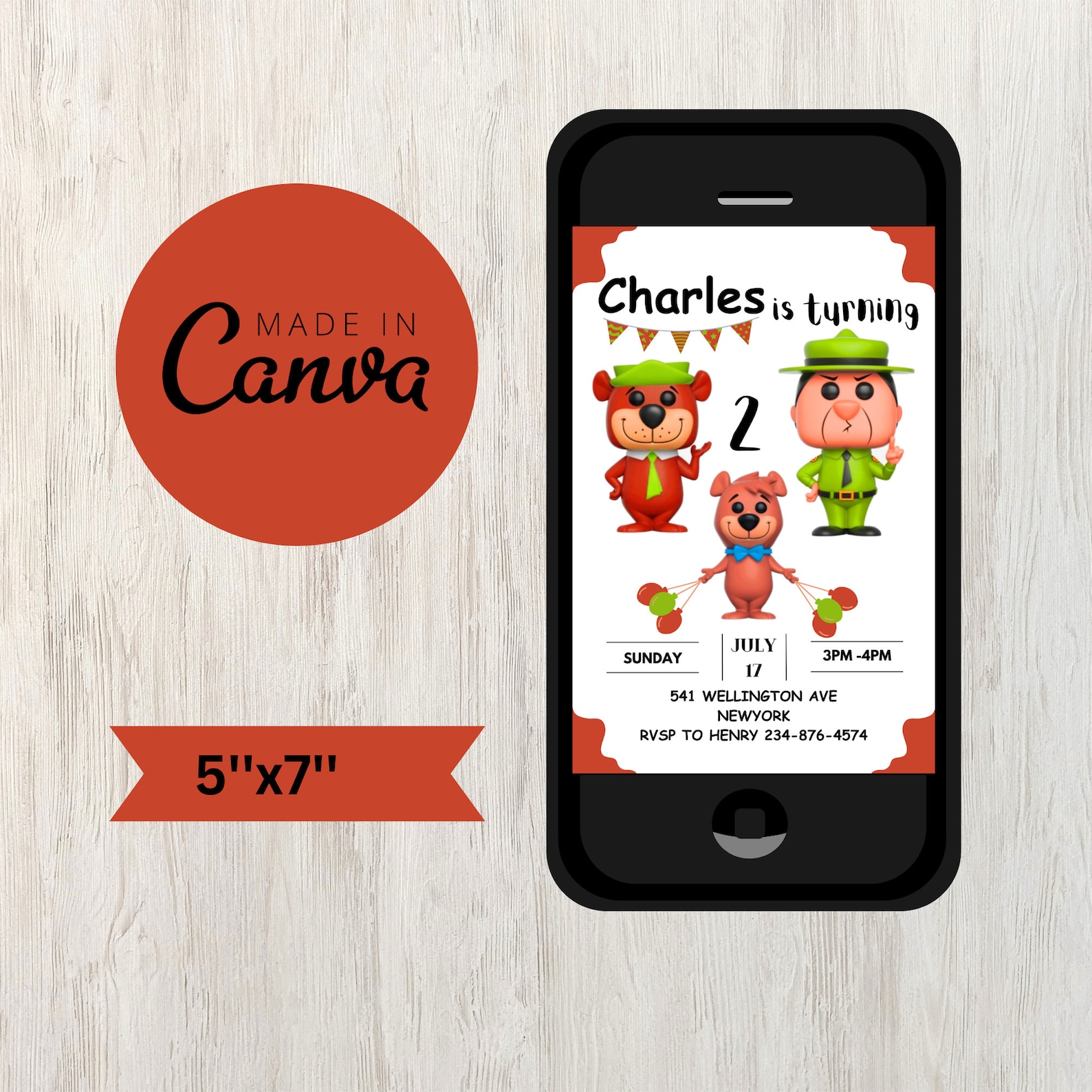 Editable Kids Invitation, Yogi Bear and Friends Invitation, Birthday ...