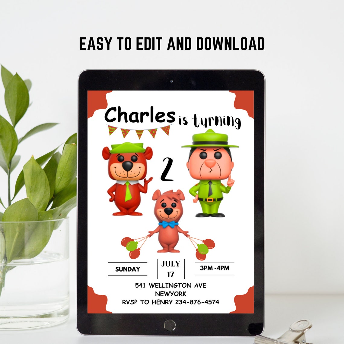 Editable Kids Invitation, Yogi Bear and Friends Invitation, Birthday ...