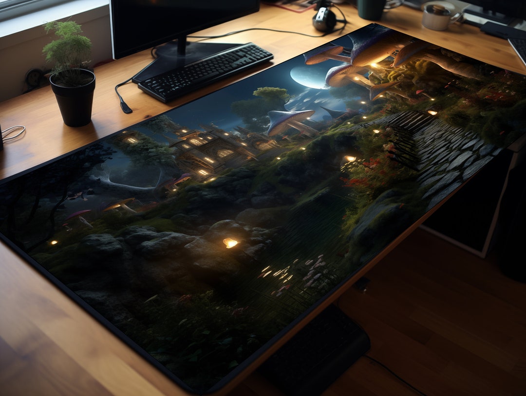 Fantasy Mushroom Village , Aesthetic Aesthetic Xxl Desk Mat Psychedelic ...