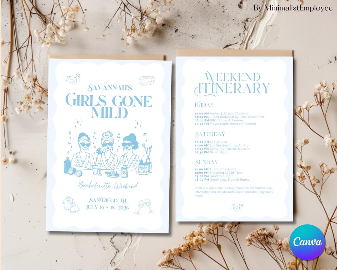 Girls Gone Mild Bachelorette Weekend Party Invitation Itinerary, Editable Printable Canva ...