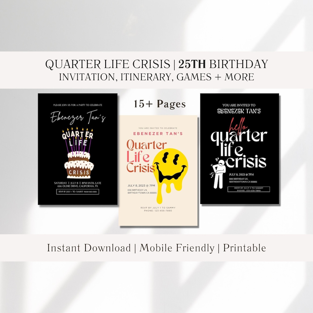 Quarter Life Crisis, 25th Birthday Digital Invitation, Itinerary ...