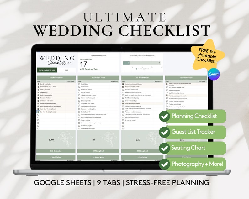 Wedding Checklist Spreadsheet: Google Sheets & Canva Template (digital ...