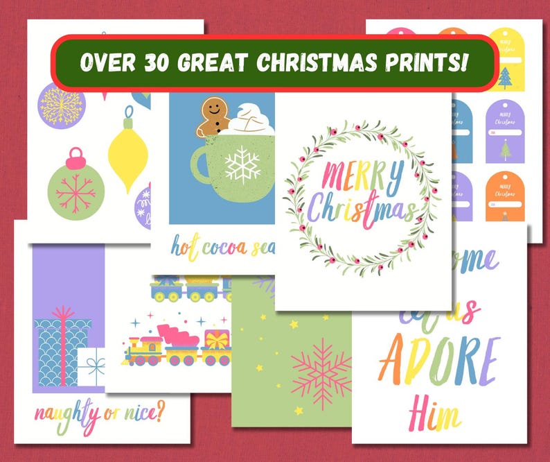 Rainbow Christmas Prints | Set of 30+ Winter Holiday Decor (digital ...