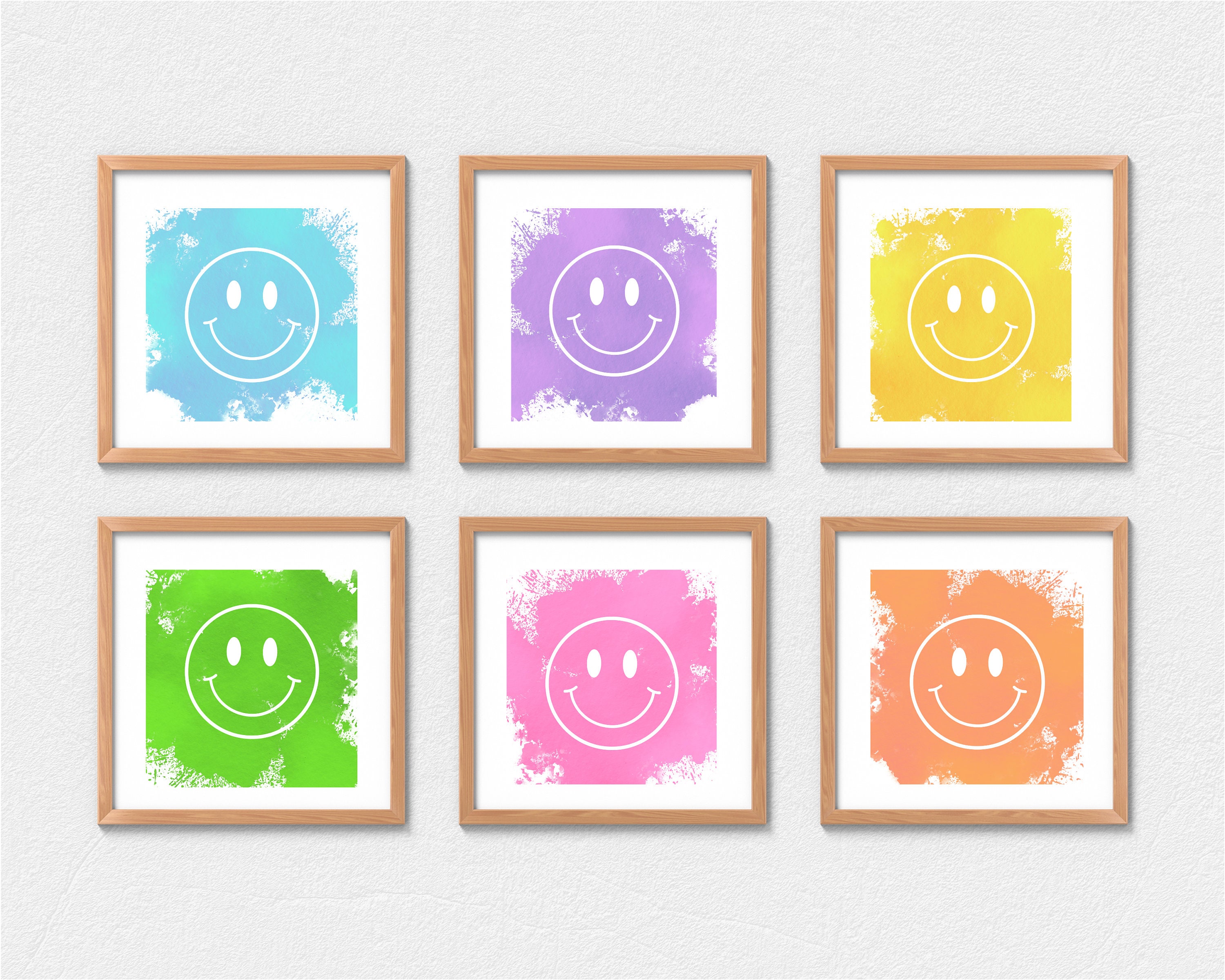 Smiling in the Colors Digital Print Set of 6 Neon Wall Art Smiley Face ...