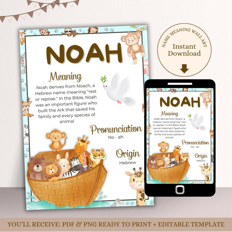 Arte de pared de póster con nombre Noah con significado y origen para ...