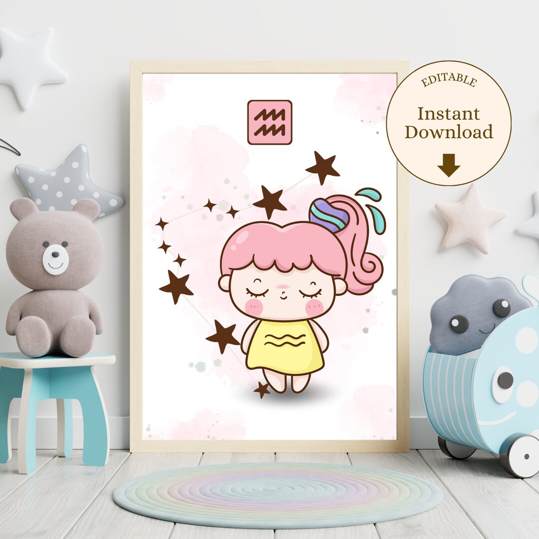 Printable Children's Decoration Sheet Aquarius Horoscope, Pink Aquarius ...