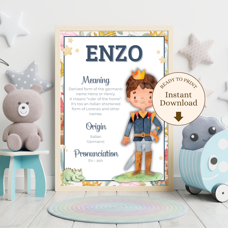 Cartel con nombre y origen de Enzo para regalo de recién nacido, lámina ...