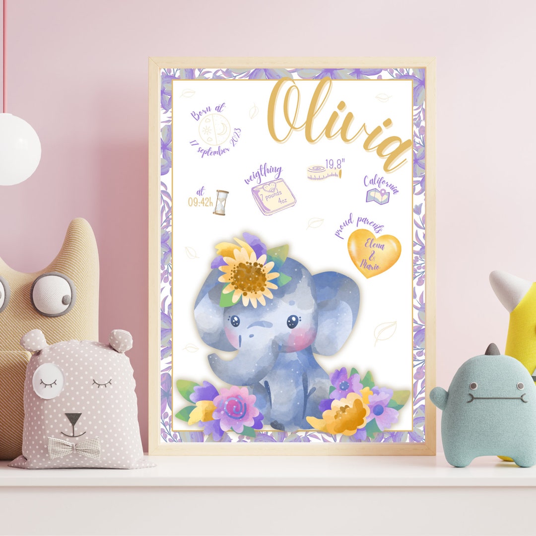 Birth Mural With Floral Elephant Drawing With Spring Colors, Gift for ...