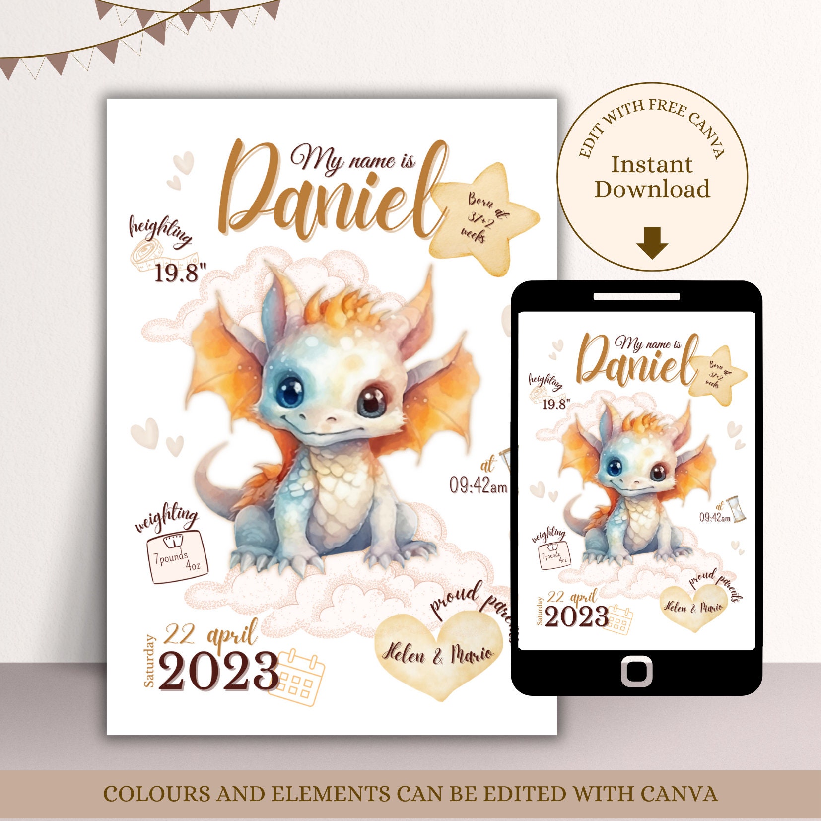 Printable Baby Dragon Birth Sheet, Editable Dragon Birth With Canva ...