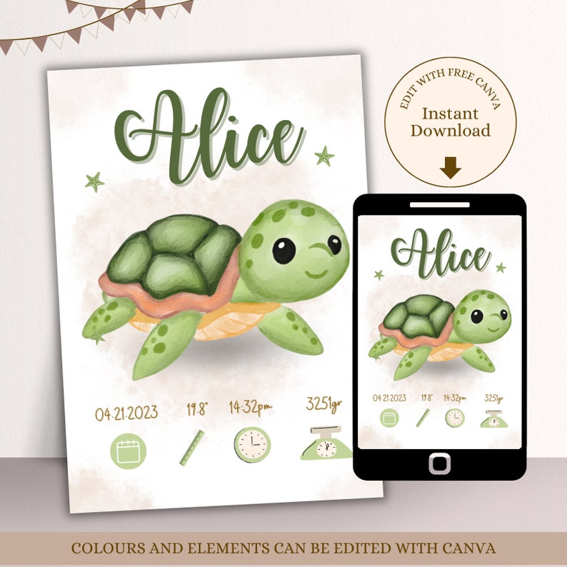 Watercolor Turtle Baby Birthday Editable Digital Template, Free ...