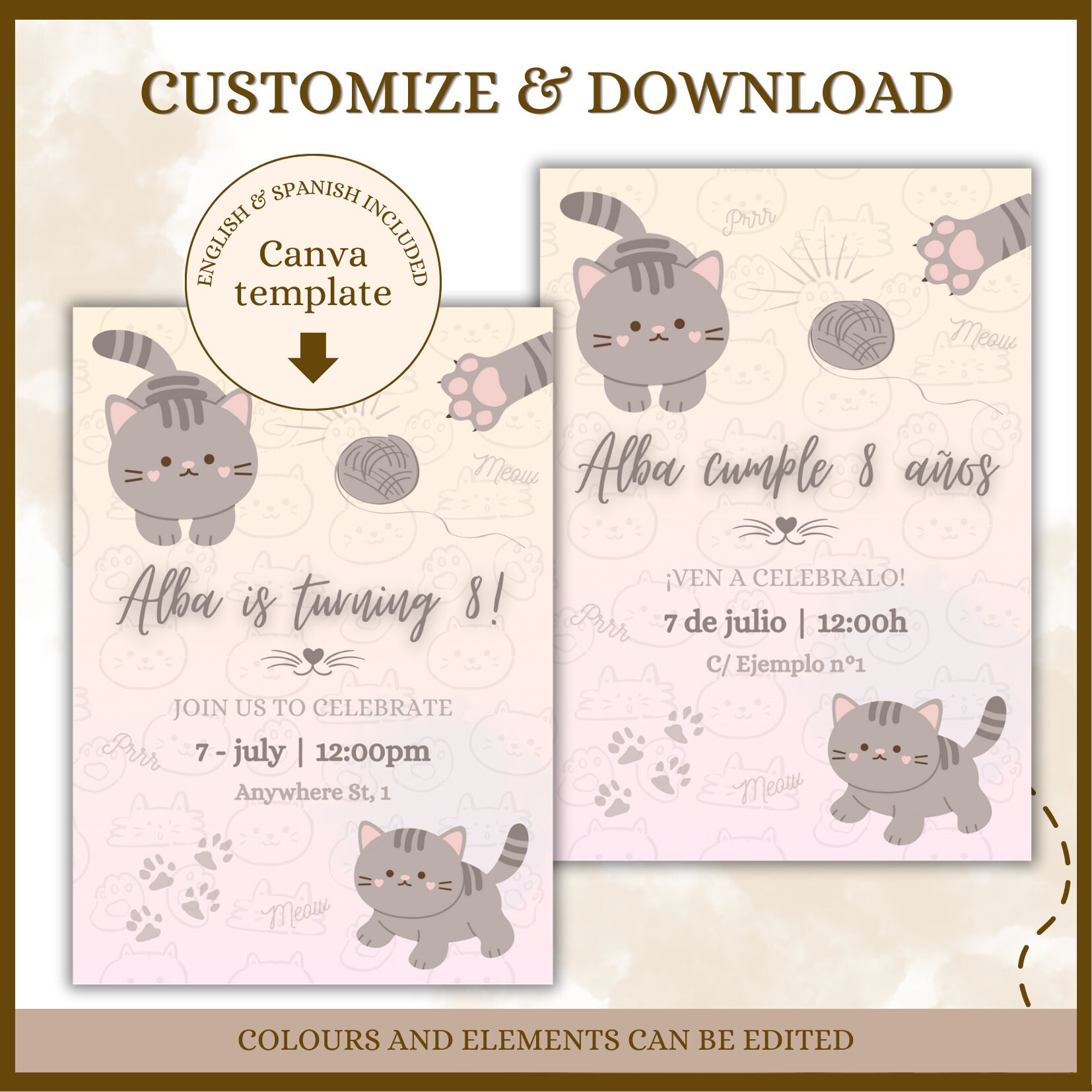 Kitten Birthday Invitation Digital Template, Cat Editable Invitation ...